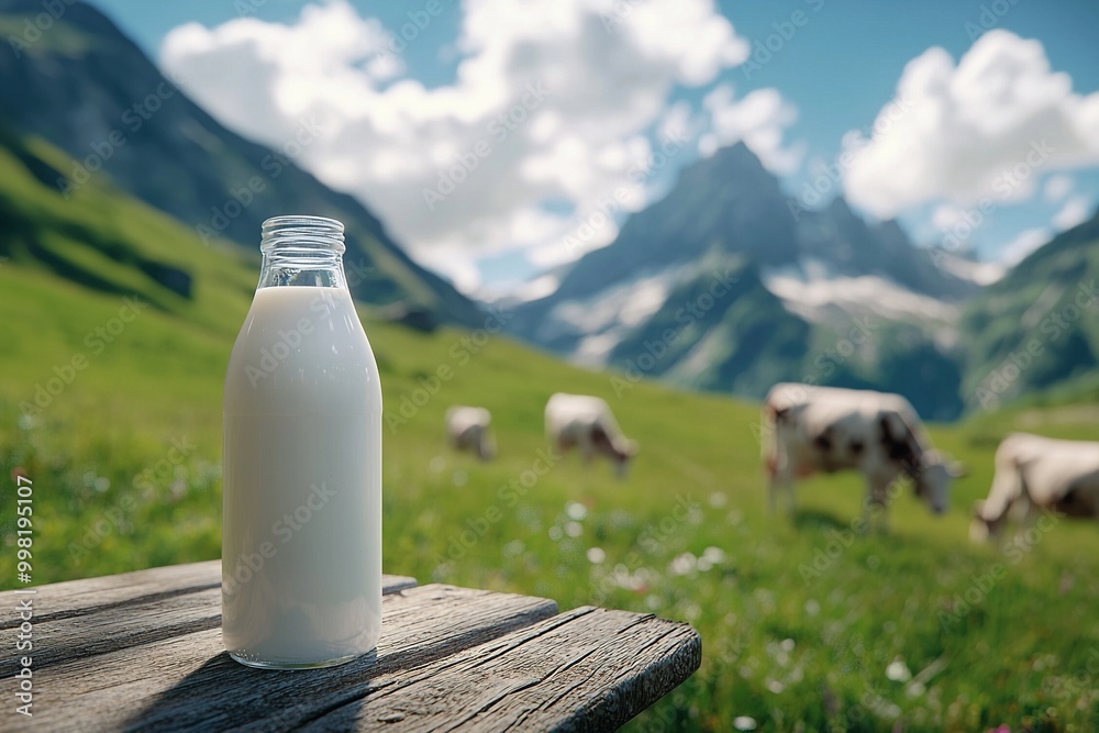 Bottle of fresh milk on a rustic wooden tabel outdoors in the mountains ...