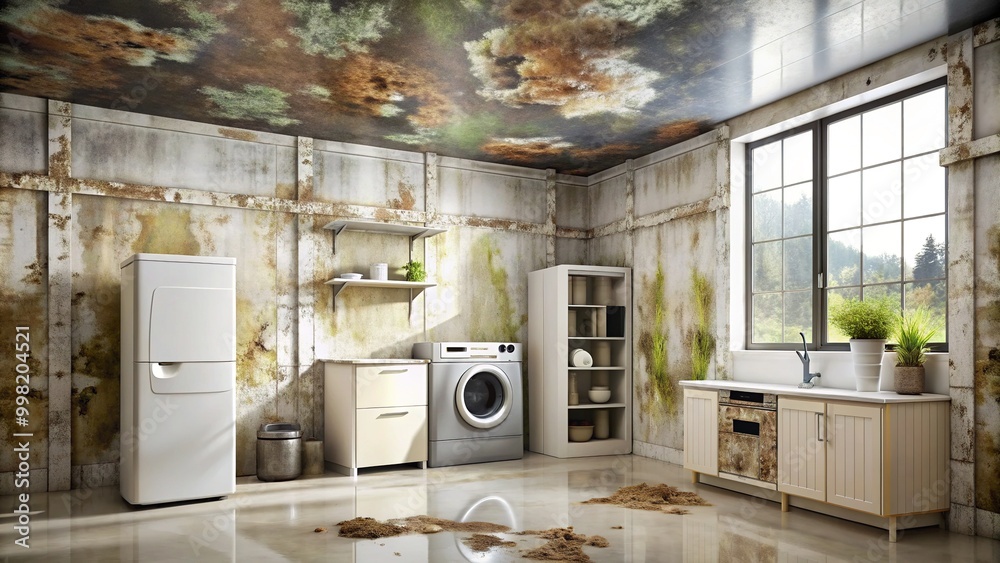 Waterlogged laundry room with peeling paint, warped cabinets, and toxic ...