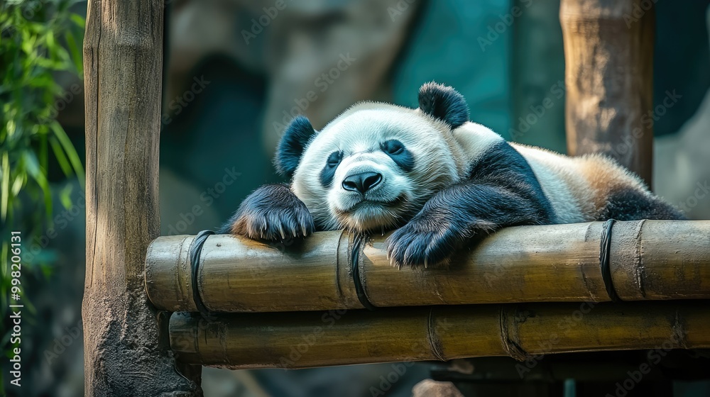 Giant panda bear resting on a bamboo-filled platform in a zoo, looking ...