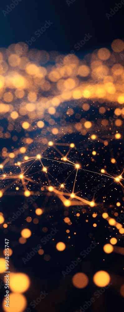 Bright tech particles emerge from a black void, forming complex digital ...