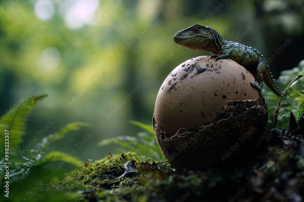 Baby dinosaur emerges from cracked egg in lush forest, perched atop ...