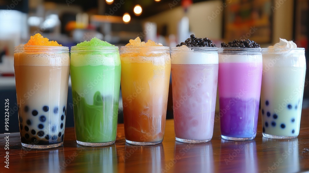 A colorful array of different flavored bubble teas on a cafe table ...