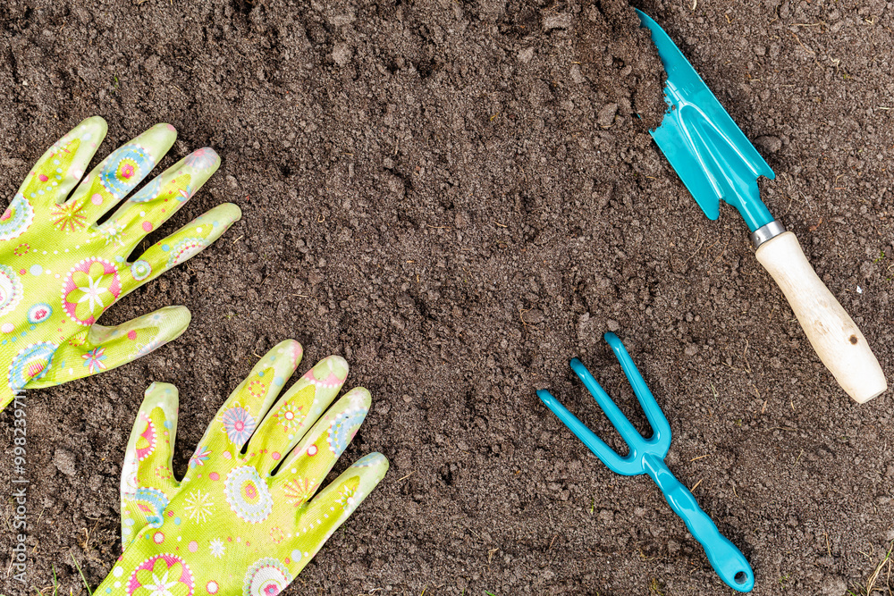 Gardening tools (shovel and rake) and gloves are lying on the ground ...