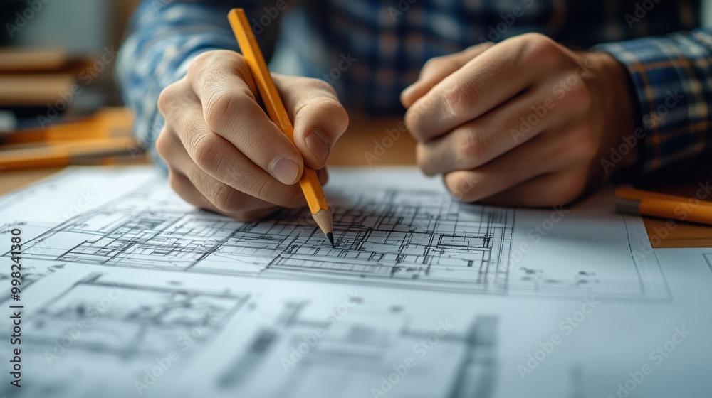 Architect drawing blueprints for building project. Close-up of an architect’s hands sketching ...