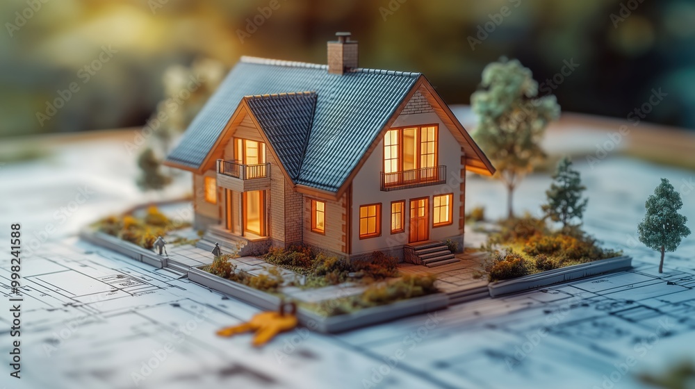Miniature house model on blueprints with keys. Detailed model house ...