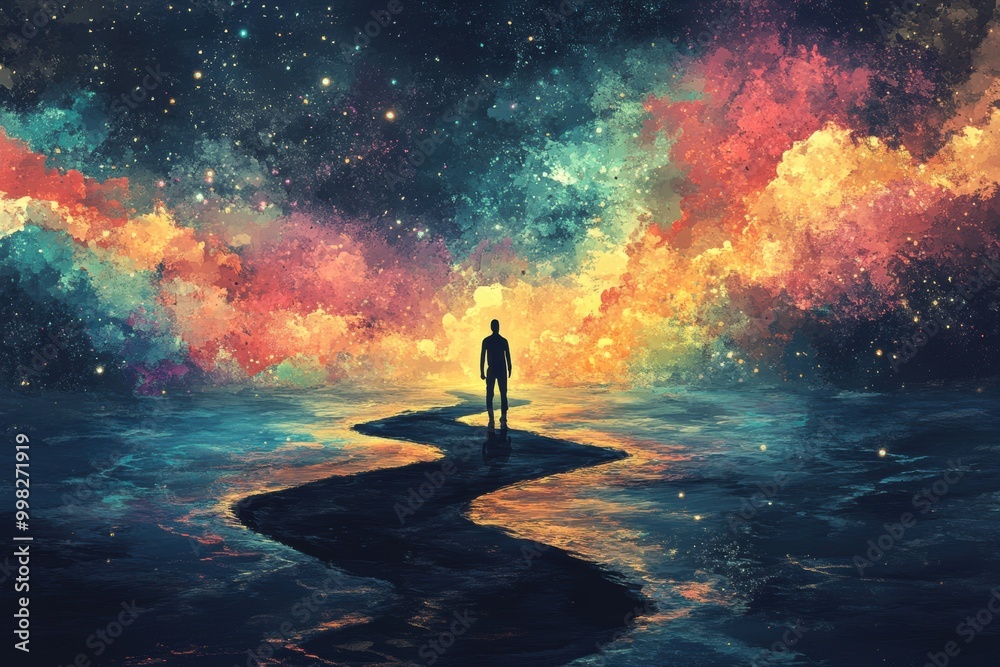 a spiritual artwork depicting a person contemplating multiple paths at ...