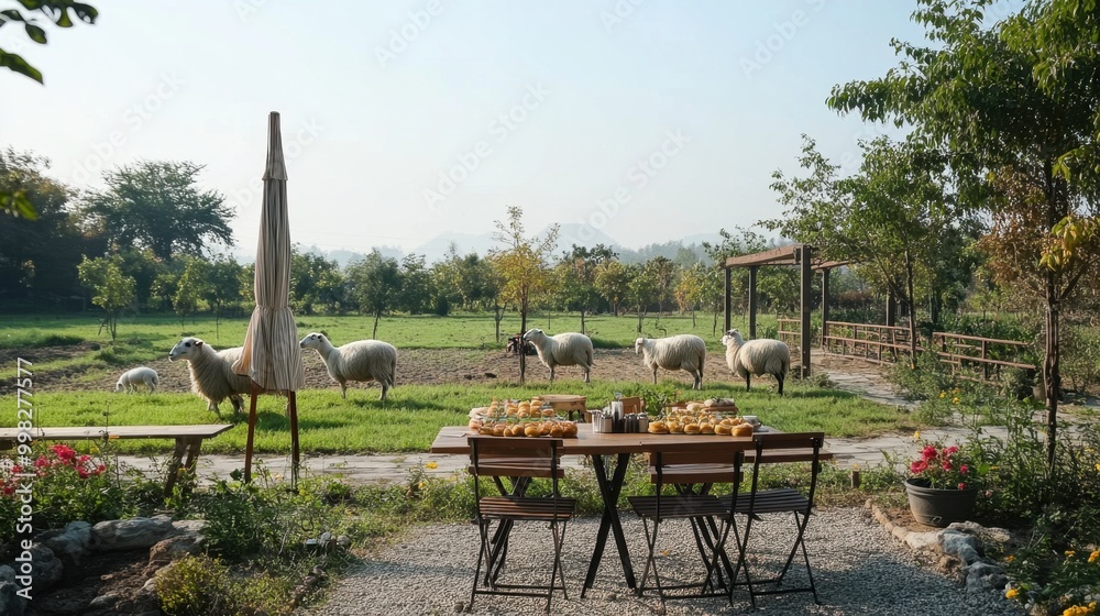 A peaceful outdoor dining experience at Cafe, with sweet pastries and a ...