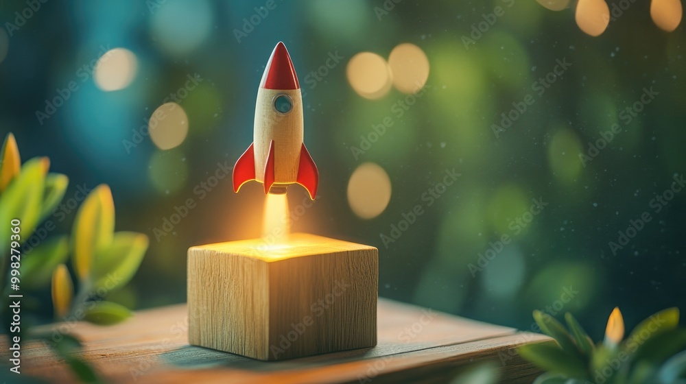 Rocket launching from wooden cube with business symbol entrepreneurship ...