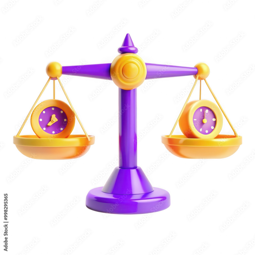 A vibrant 3D model of a balance scale with purple and yellow accents ...