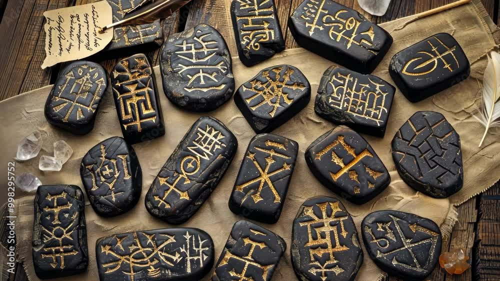 Ancient mystical runes collection on dark stones with gold inscriptions ...