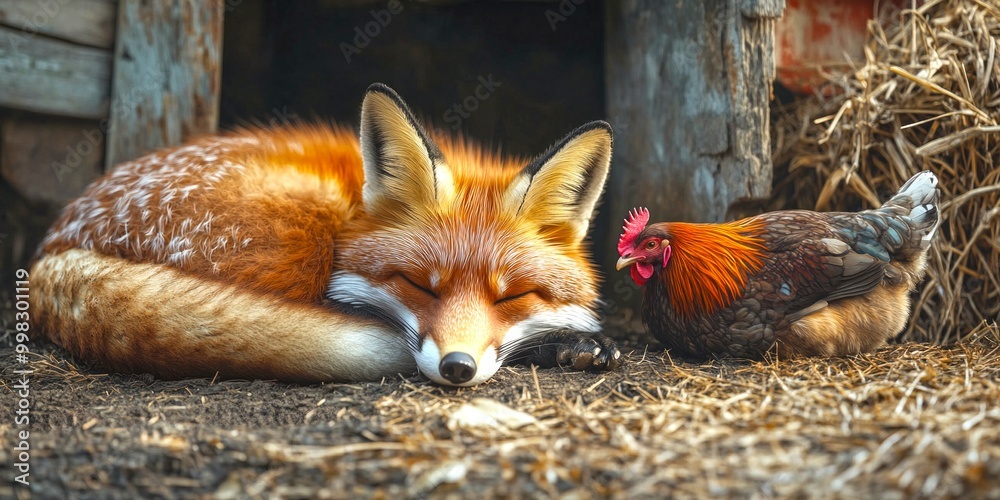 A tranquil scene of a sleeping fox next to a chicken. This image ...