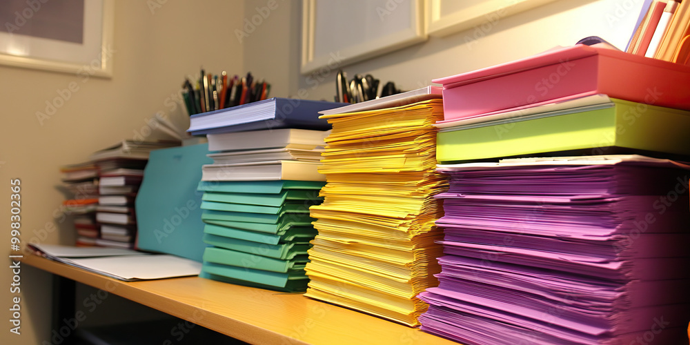 Organized Clutter: A desk lined with neat stacks of paper and color ...