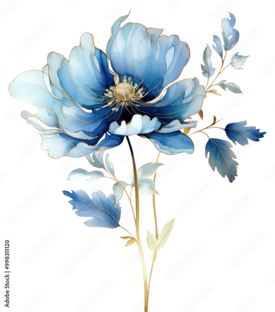 PNG Blue flower watercolor and golden line art blossom petal plant ...