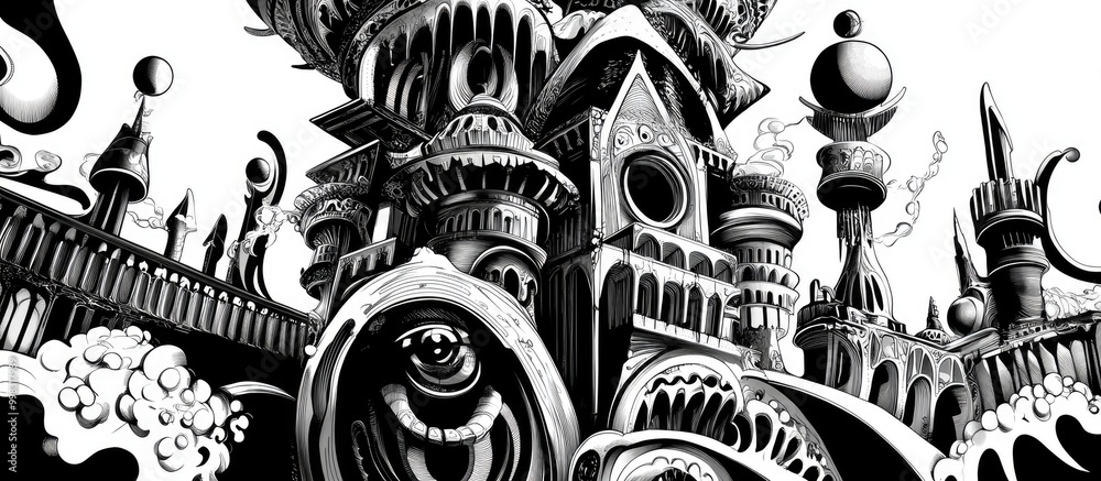Surreal linear drawing of a grotesque tower Black and white graphic art ...