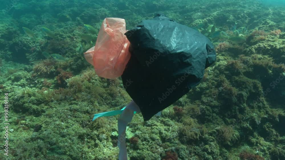 Several plastic bags float in a cluster just below the water’s surface ...
