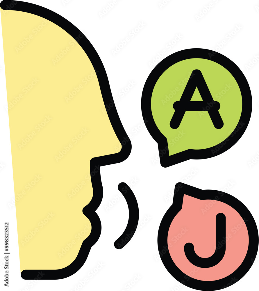 This colorful icon depicts a man speaking multiple languages ...