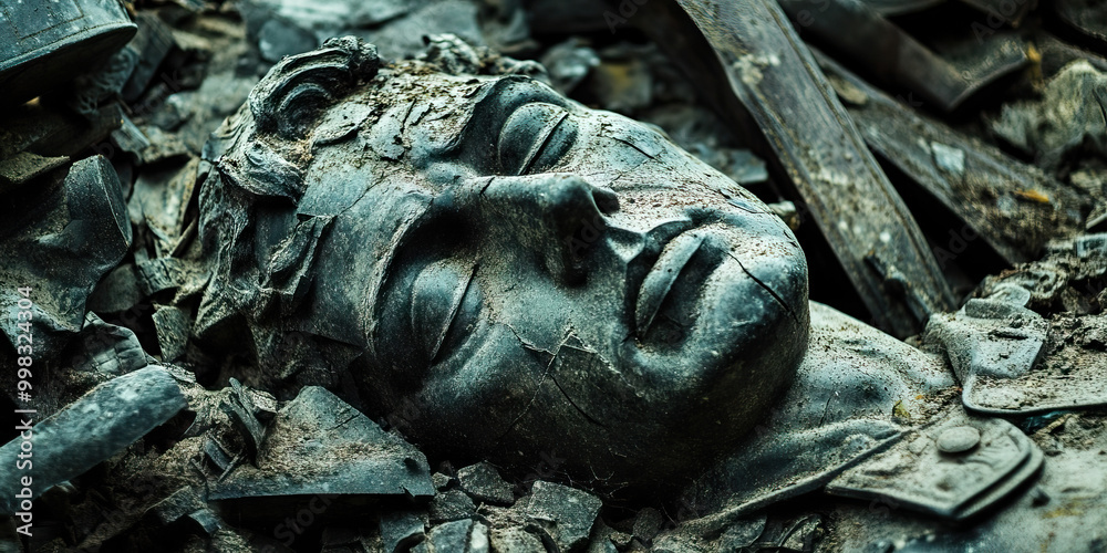 Broken Symbols of Power: A fallen statue of a military leader, lying ...