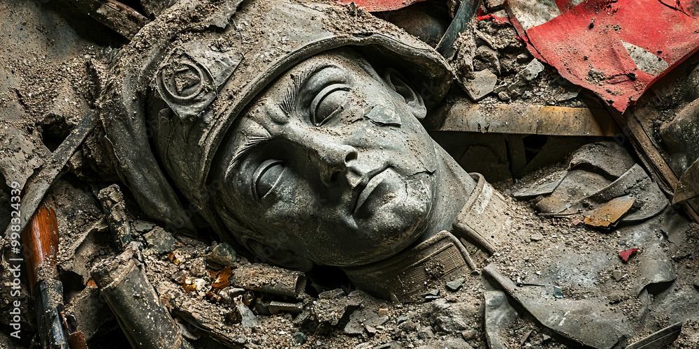 Broken Symbols of Power: A fallen statue of a military leader, lying ...