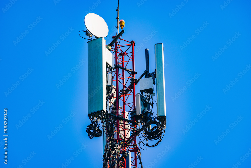Aerial drone view of 5G telecommunication tower. GSM and radio ...