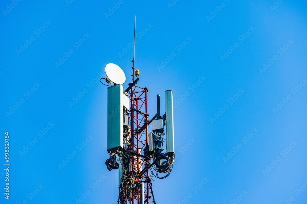 Aerial drone view of 5G telecommunication tower. GSM and radio ...