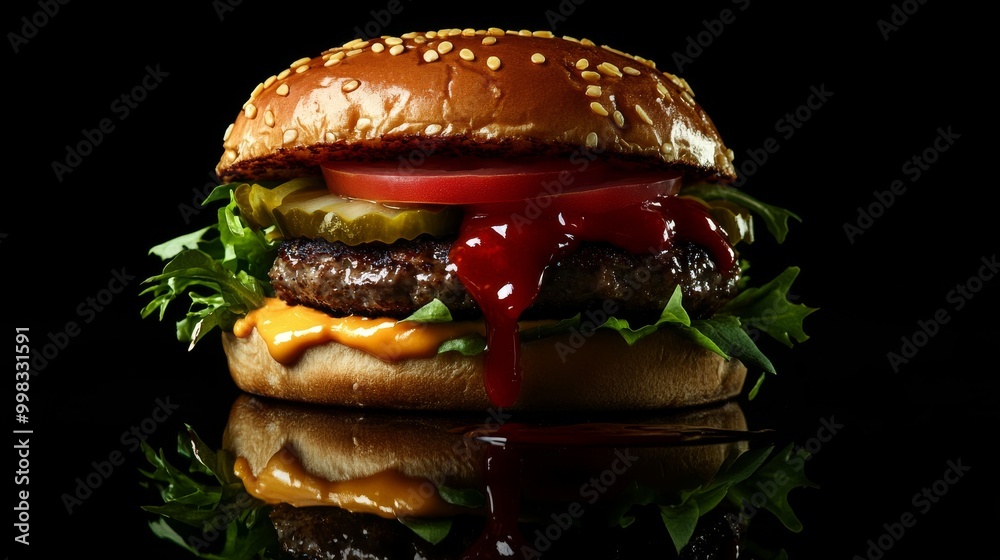 Detailed photo of an enormous hamburger with ketchup and mustard ...