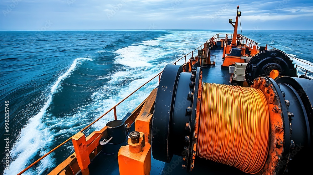 A ship equipped with massive spooling equipment on deck, laying fiber ...