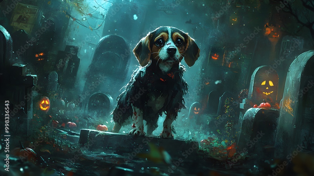 A charming scene of a beagle in a tattered zombie outfit, wandering ...