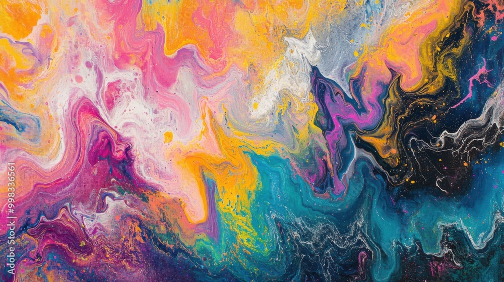 Abstract fluid art with colorful paint poured over a canvas, blending ...