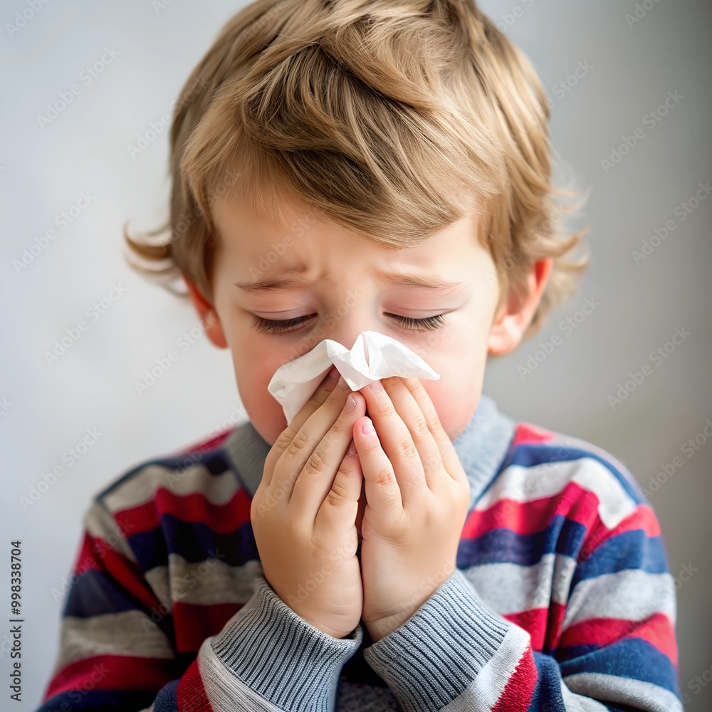 Child boy with runny nose blows her nose into handkerchief. Kid holding ...