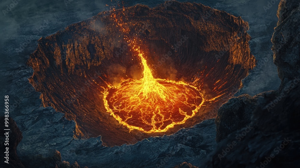 volcanic eruption with a view of the crater rim and the glowing lava ...