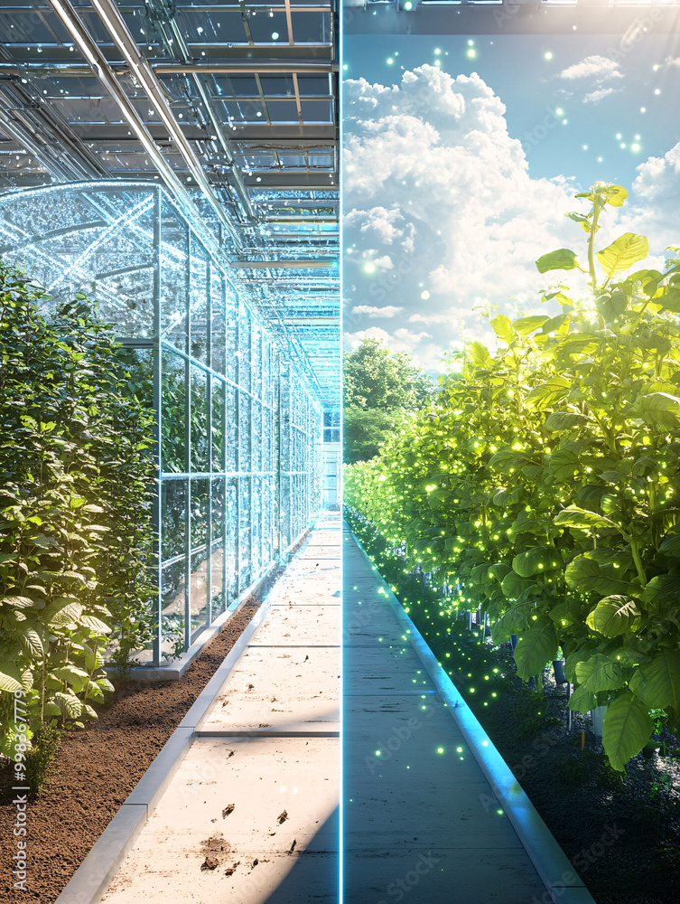 Holographic greenhouse transformation showing modern agricultural ...