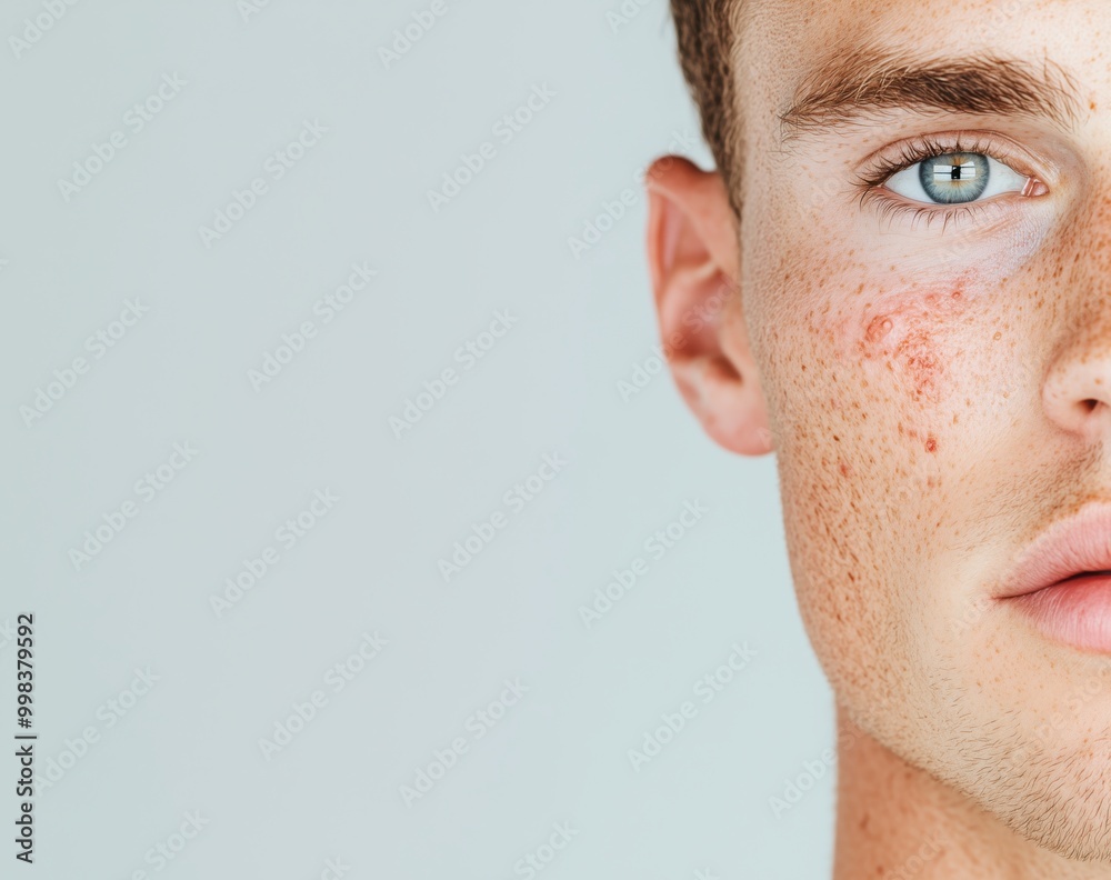 Guy's face with red pimples on nose and cheeks. Pimples, red scars in ...