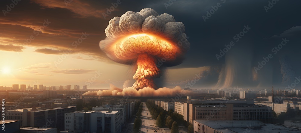 Nuclear explosion of an atom bomb with a mushroom cloud causing an ...