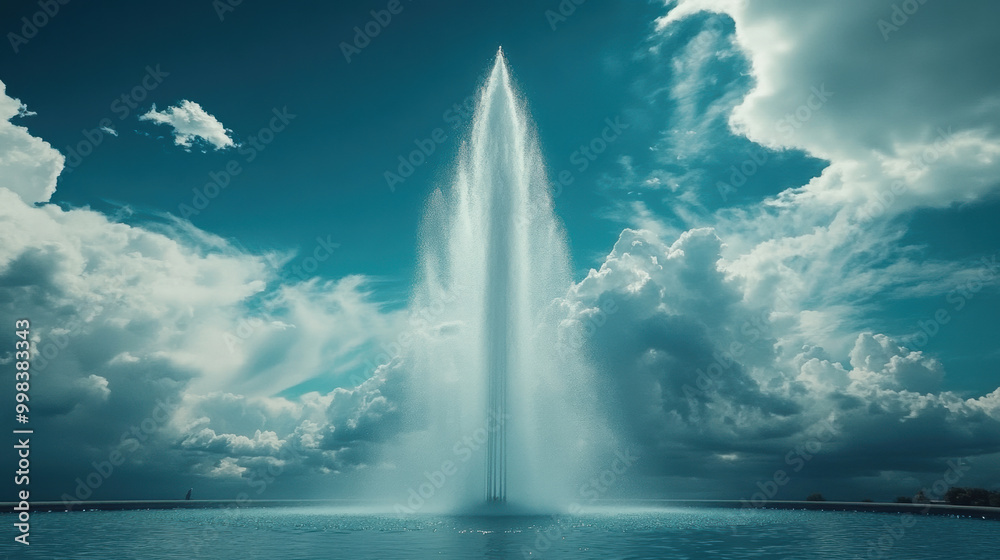 powerful fountain shooting water high into sky, surrounded by dramatic ...