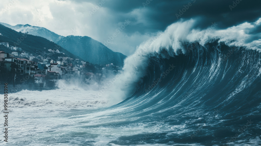powerful tsunami wave surges towards shore, showcasing immense force of ...
