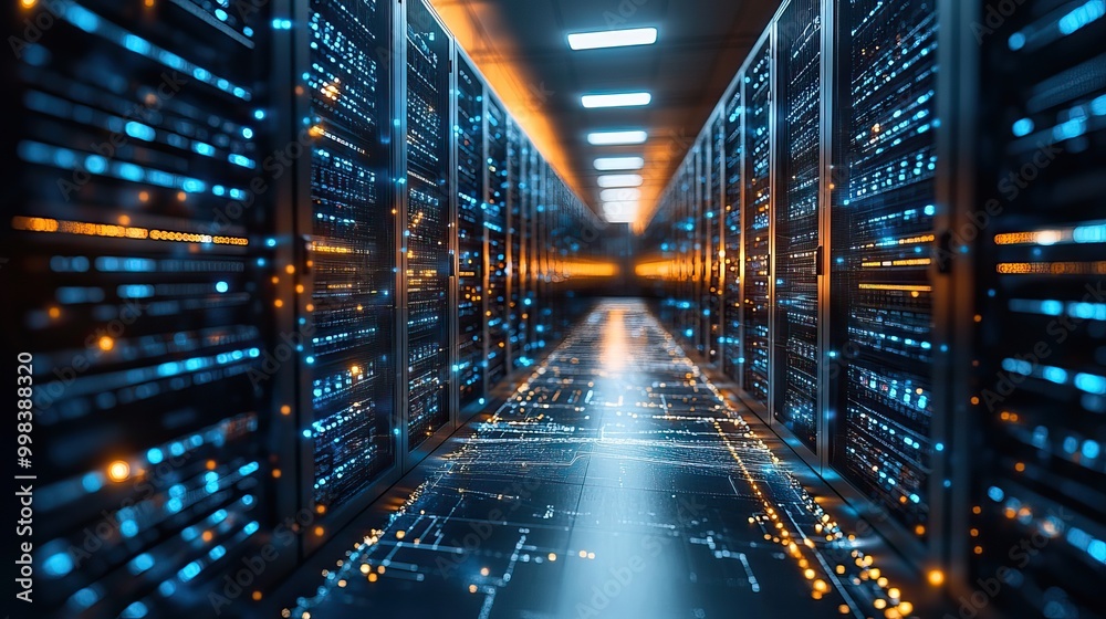 ICT and IoT concepts are illustrated with diagrams and icons on server ...