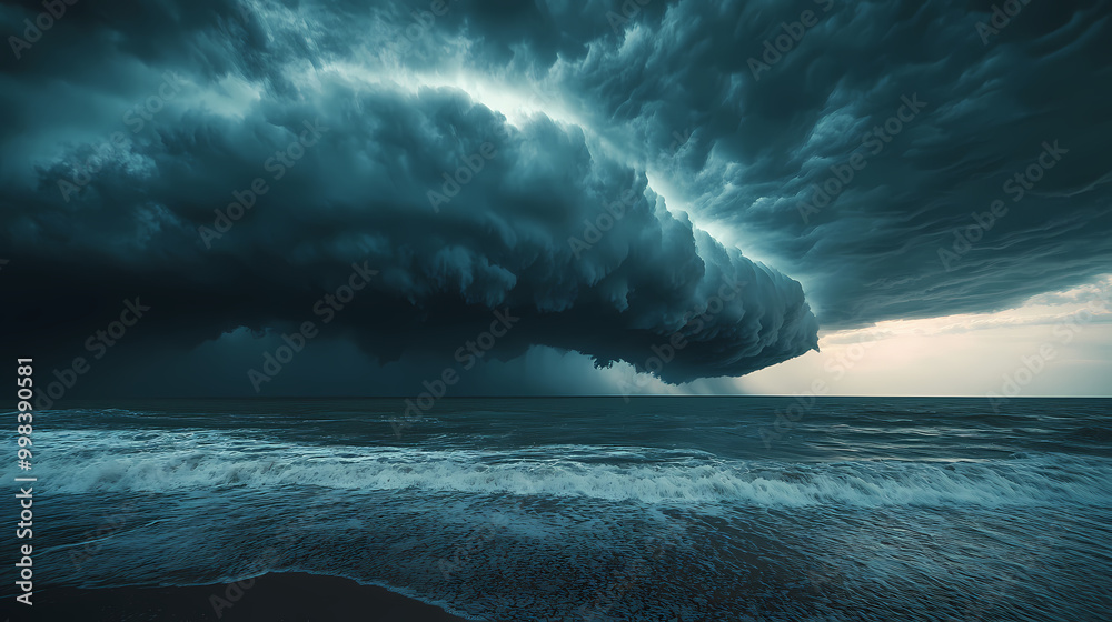 Cloudy storm in the sea before rain. Tornadoes above the sea. Monsoon ...