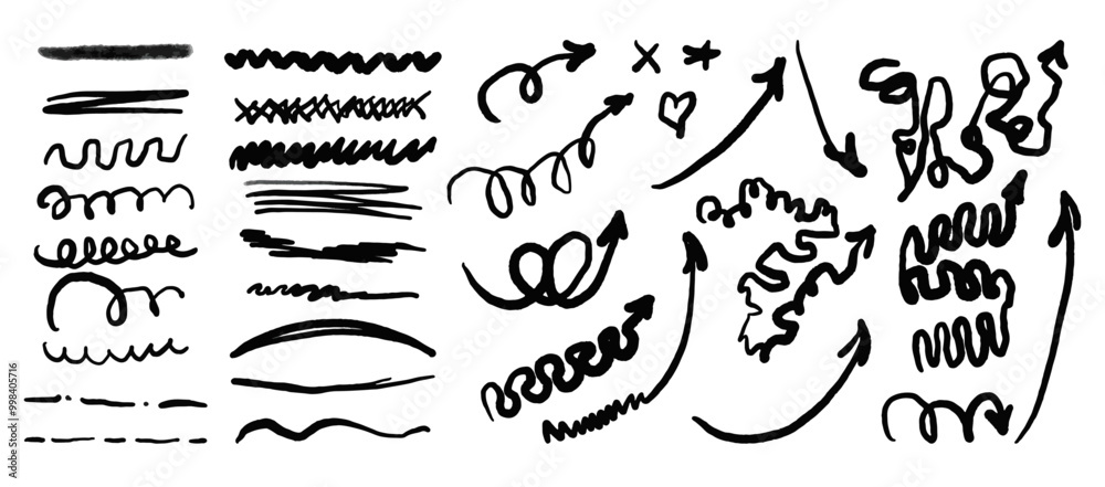 A collection of squiggly lines and arrows, some of which are curved and ...