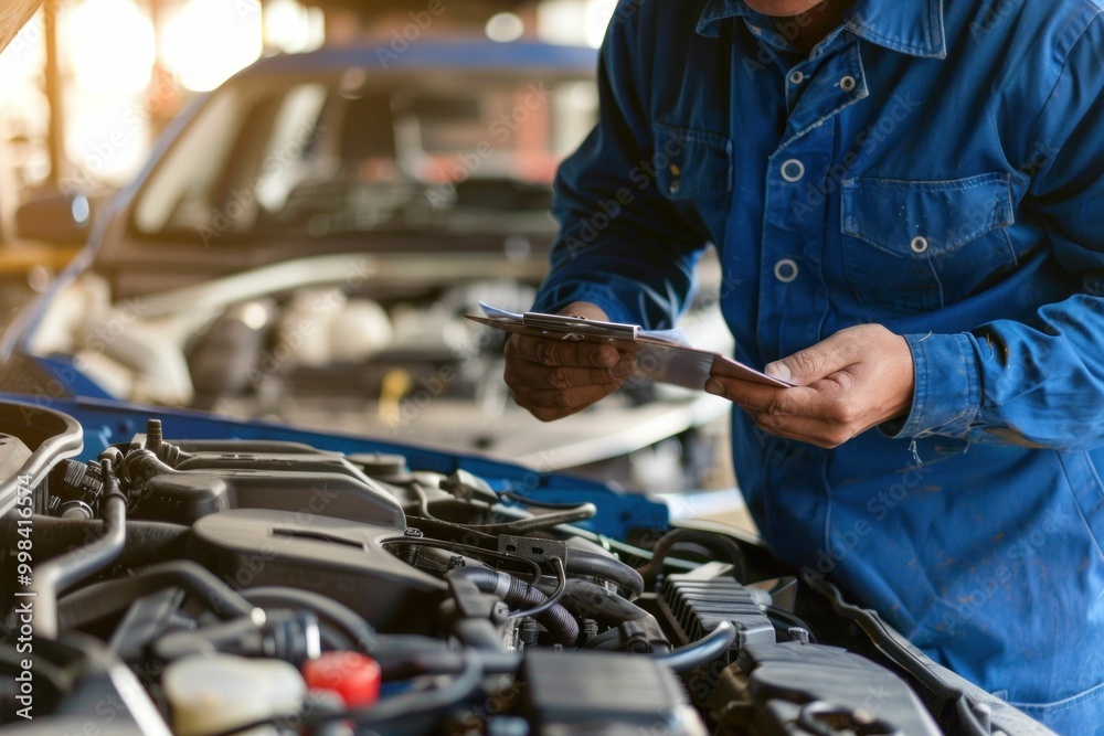Mechanic inspecting a car engine while holding a clipboard, wearing a ...
