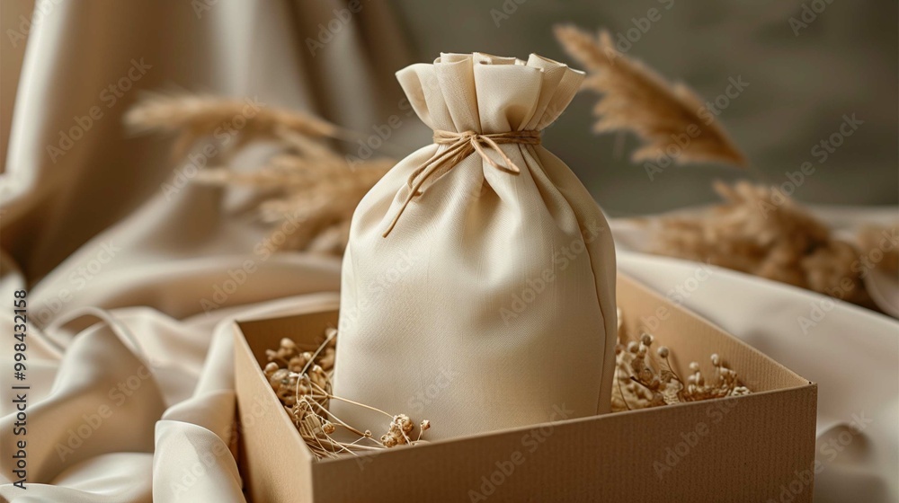 Beige drawstring bag mockup with dried floral accents. Elegantly tied ...