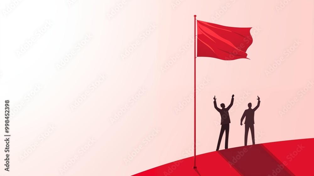 Two silhouetted men celebrate with waving red flag at peak of hill 2D ...