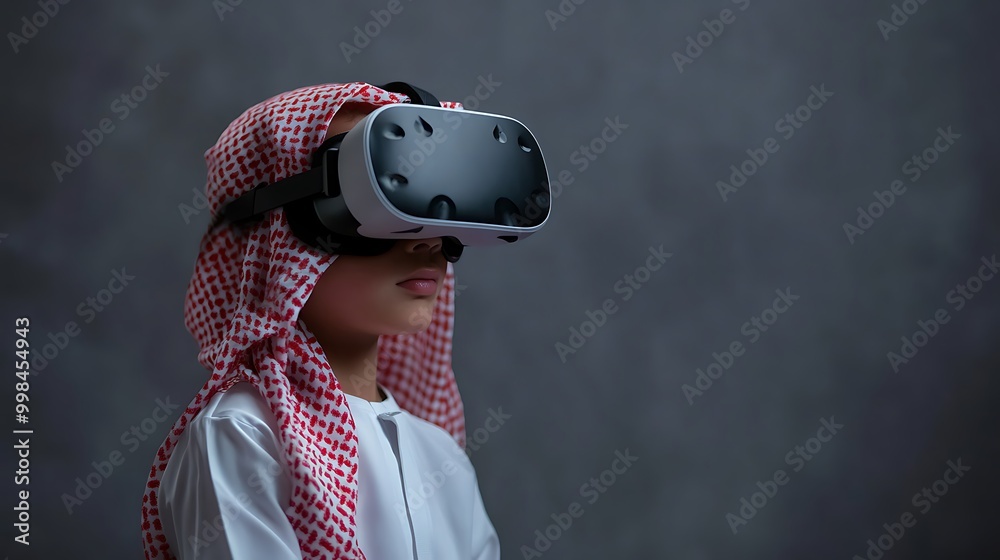Foto de Saudi Arabian boy in thobe using VR headset, seated and ...