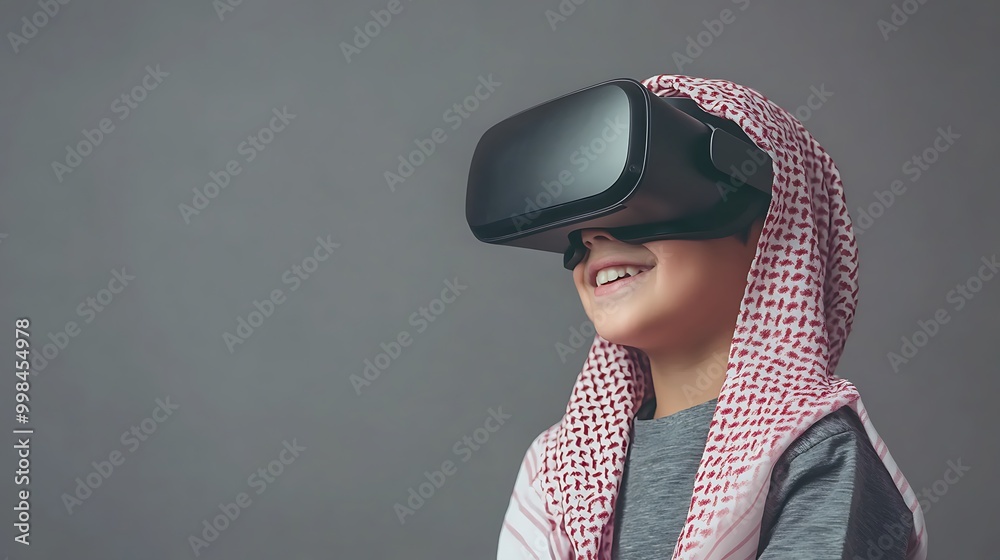 Saudi Arabian boy in thobe using VR headset, seated and interacting ...