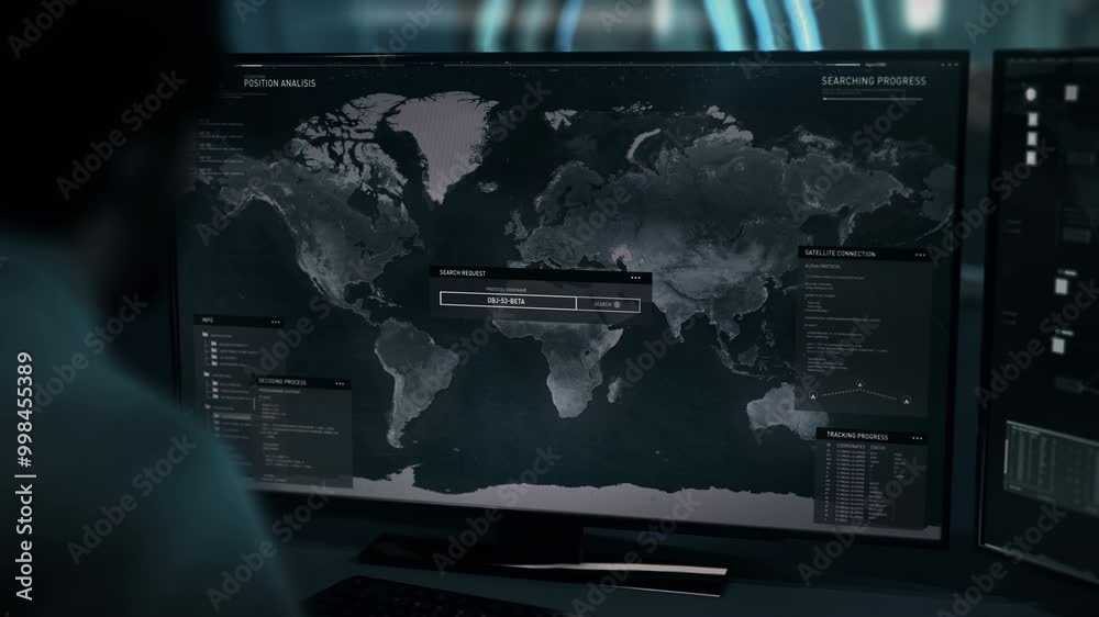 Controlling the modern computer system scanning the digital world map. Operating the computer ...