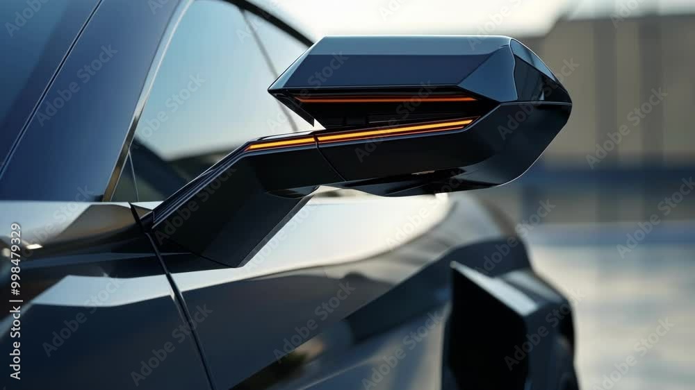 The sleek design of a black sportscar side mirror is illuminated by ...