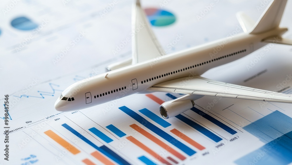 Miniature model of airplane on financial charts and graphs representing ...