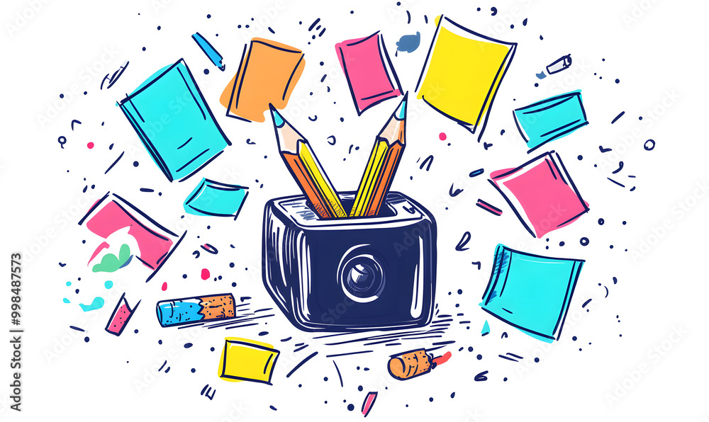 stationery in doodle 2D illustrator style, with cartoonish/symbolic ...