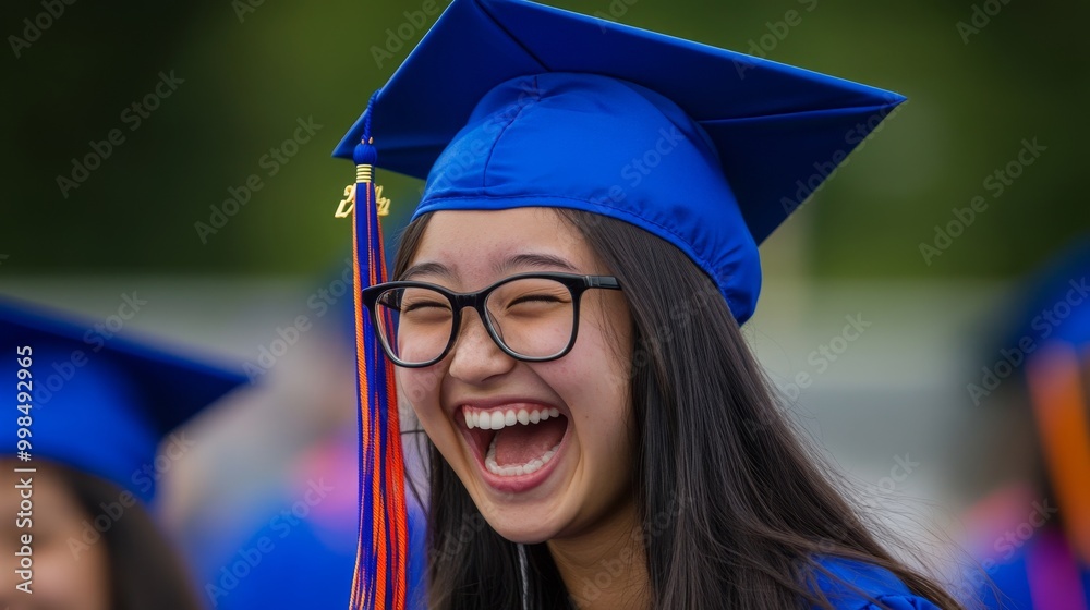 In a blue cap and gown, a proud graduate displays the joy of ...