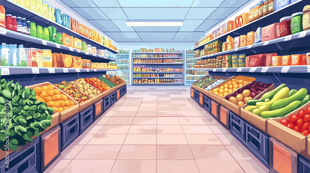 A cartoon illustration of a supermarket aisle with stocked shelves and ...