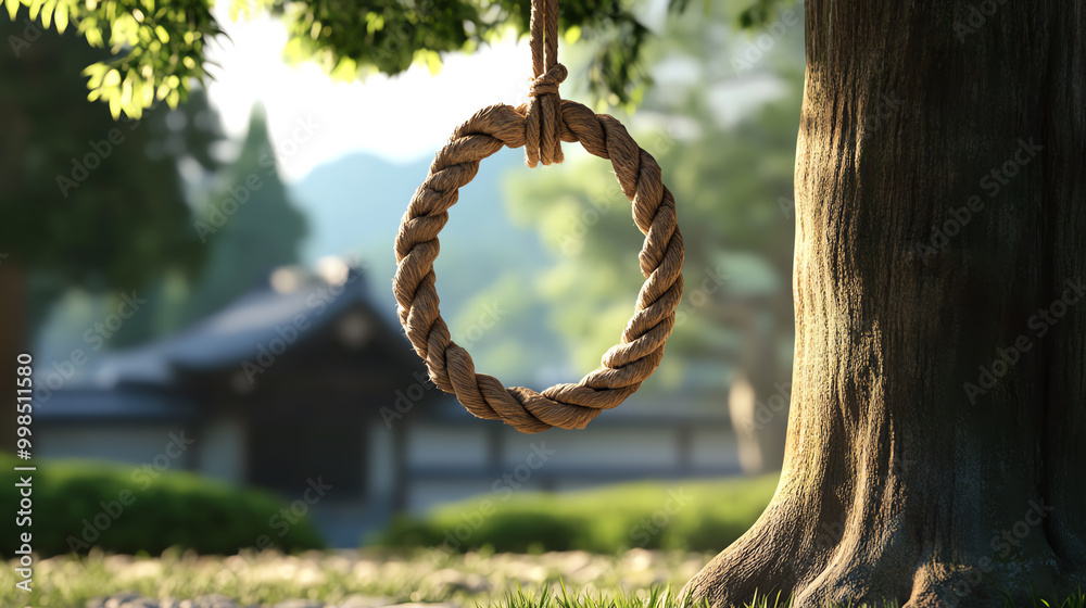 Shimenawa rope around sacred tree, traditional Shinto symbolism Stock ...
